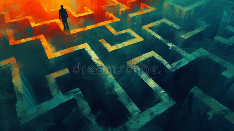 A Man Standing in a Maze of Orange and Blue Colors, AI Stock Image ...