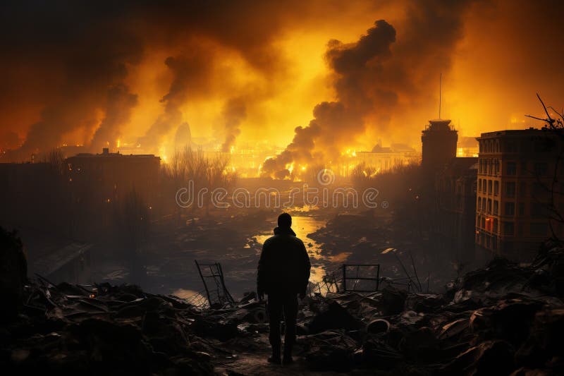 Man Standing in the Middle of a Burning City at Night Stock ...