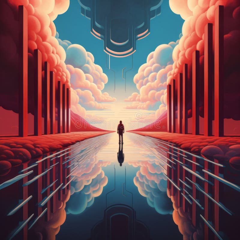 Man Standing in the Middle of a Surreal Landscape. 3D Rendering. Man ...