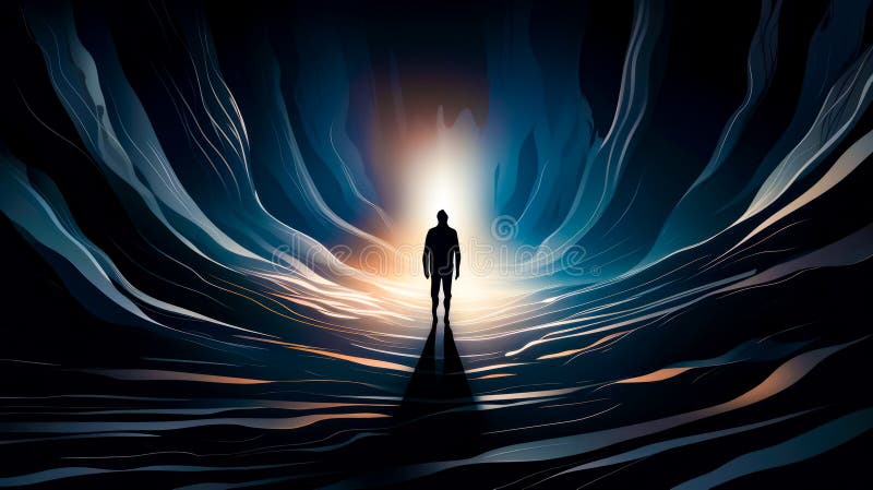 Man Standing in the Middle of Tunnel with Light at the End. Generative ...