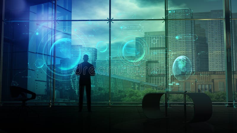 A Man Examines an Infographic on a Virtual Interface, 3D Render. Stock ...