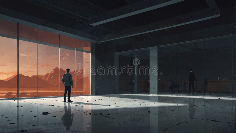 Man Standing in Modern Office with Large Windows Overlooking Mountains ...