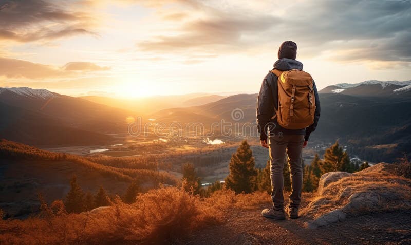 Man Standing on Mountain Peak, Gazing at Beautiful Sunset Stock ...