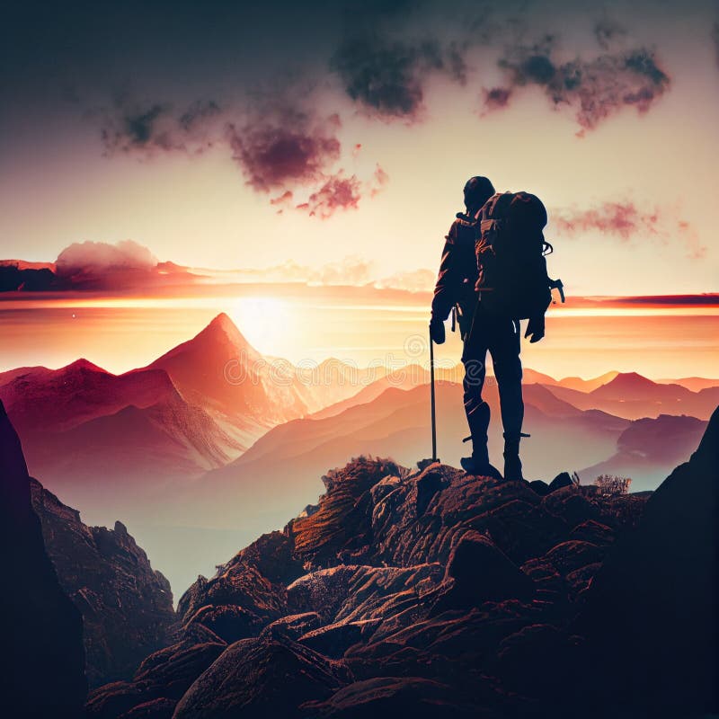 Man Standing on Mountain Peak, Made with Generative AI Stock ...
