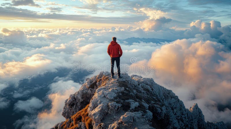 Man Standing on Mountain Peak Overlooking Scenic Landscape in Bright ...