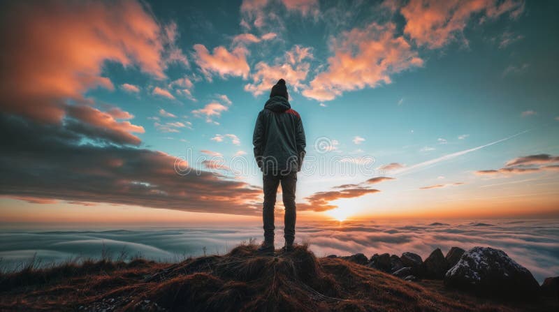 Man Standing on Mountain Top Above Clouds during Sunset Stock ...