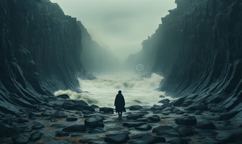 Man Standing in Narrow River among Rocks Stock Photo - Image of rugged ...
