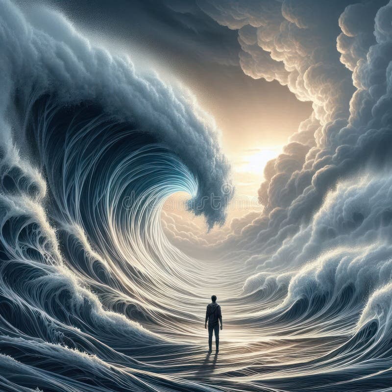 A Man Standing Near a Huge Tsunami. Stock Illustration - Illustration ...