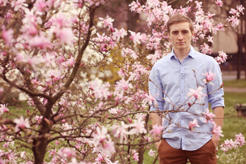 Man Standing Near Magnolia Tree Stock Photo - Image of adult, tree ...