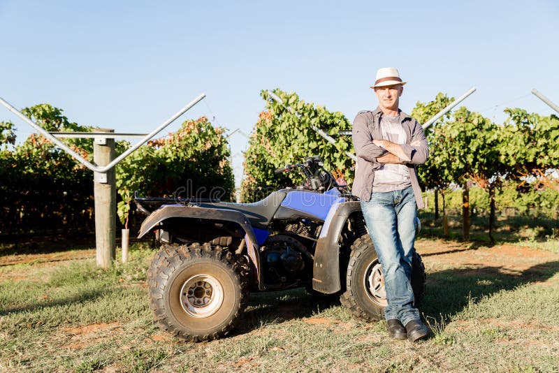 Man Standing Next To Truck in Vineyard Stock Photo - Image of scenic ...
