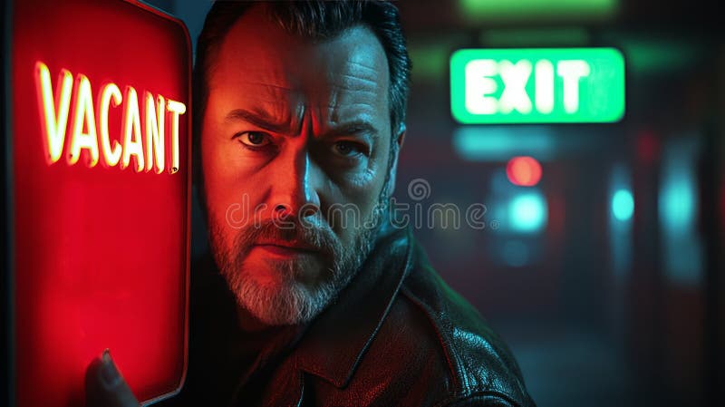 Man Standing Next To Vacant Sign with a Blurred Exit Sign in the ...