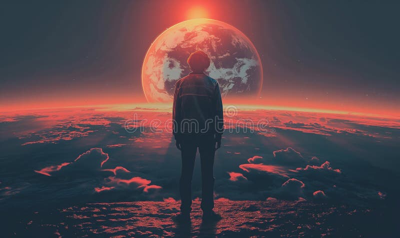 Man Standing in Ocean Staring at Sun Stock Photo - Image of sunset ...