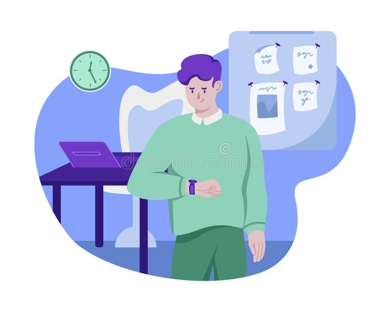 Man Standing in Office, Checking Time, Working at Night Stock Vector ...