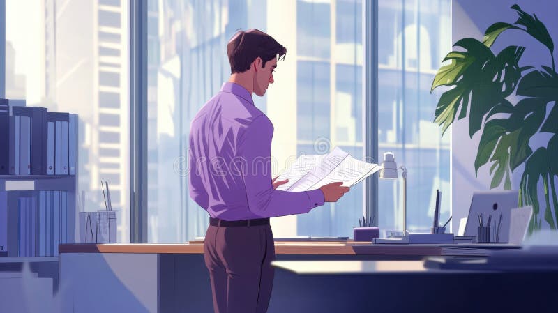 A Man Standing in an Office Reading a Paper Stock Illustration ...