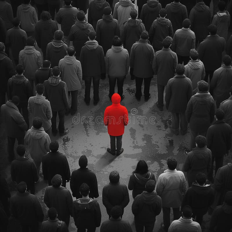 Man Standing Out in Red from the Crowd in Black and White Stock ...