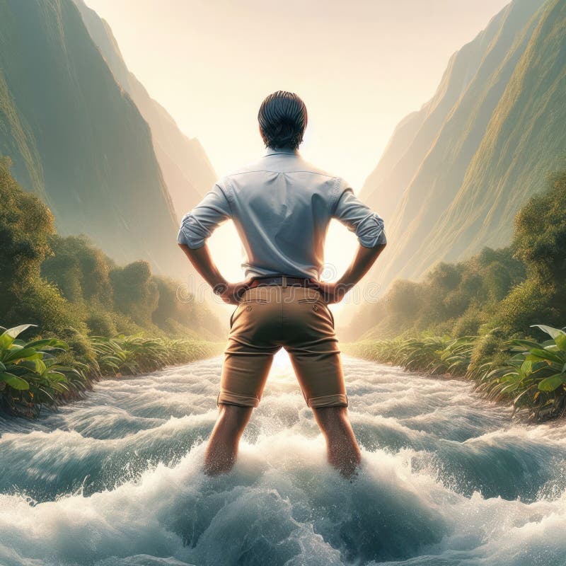 A Man Standing in the Path of a Flowing River. Stock Illustration ...