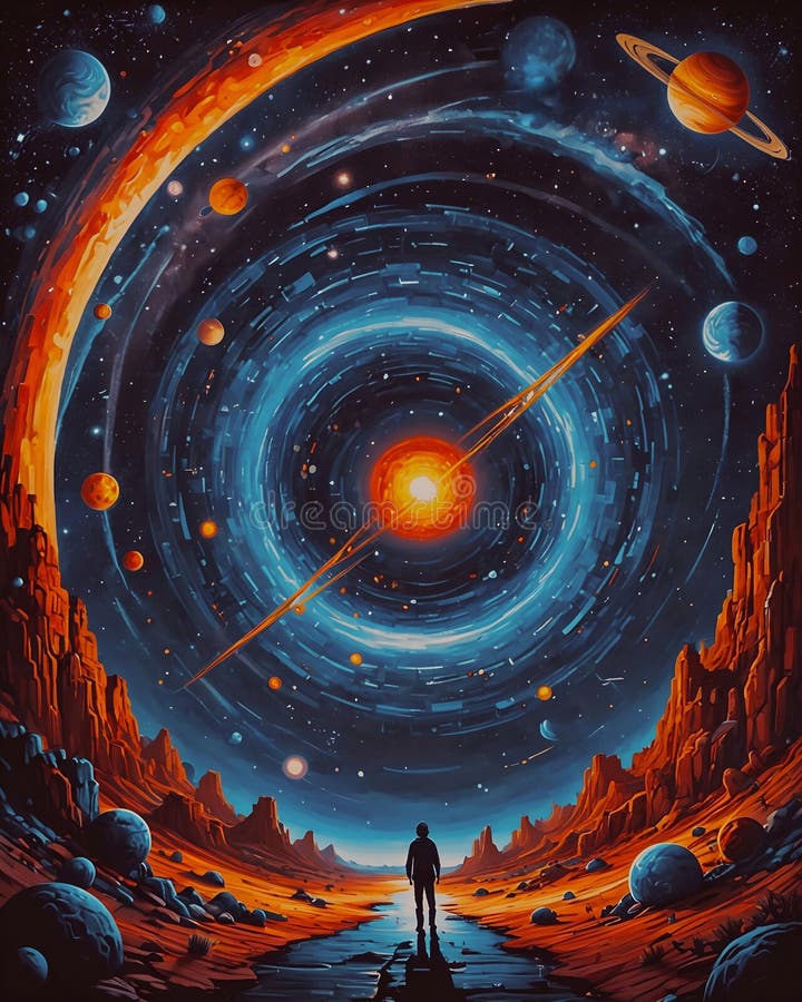 Man Standing on a Path in the Space Surrounded by Stars and Planets ...