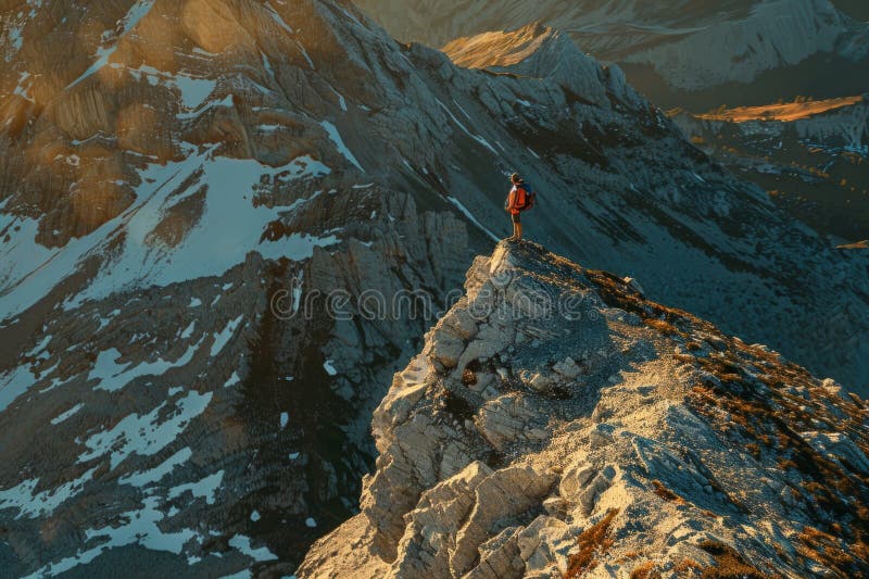A Man Standing at the Peak of a Snowy Mountain, Captured in a Top-down ...