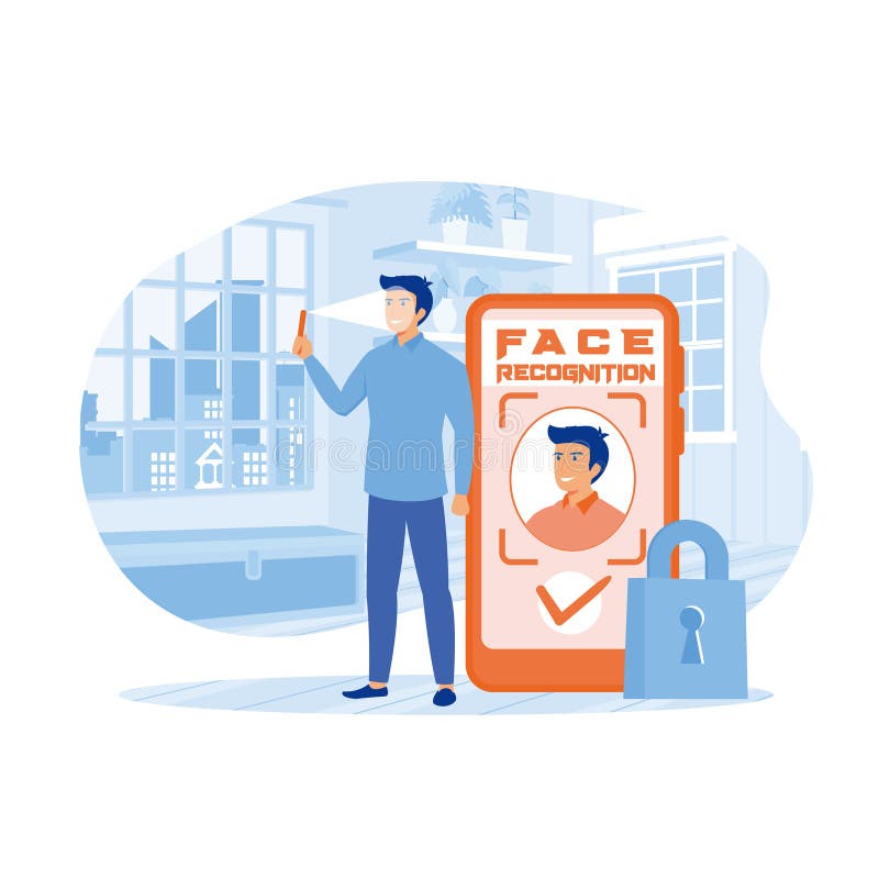 Man Standing with a Phone, Identifies a Face. Concept of Facial ...