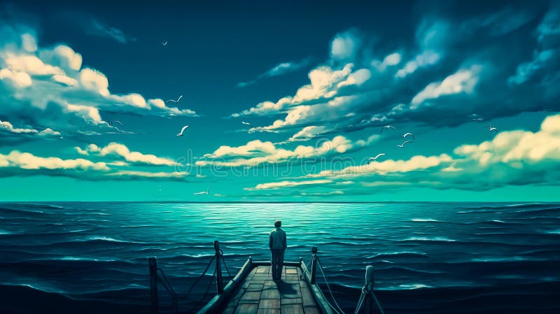 Man Standing on Pier Looking Out Over the Ocean. Generative AI Stock ...
