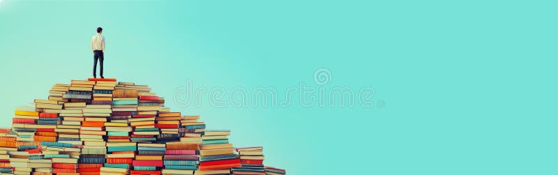 Man is Standing on Pile of Books, Reading and Learning New Skill ...