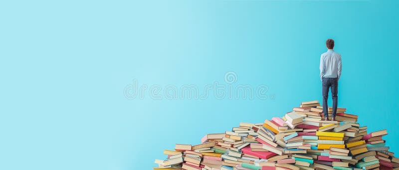 Man is Standing on Pile of Books, Reading and Learning New Skill ...