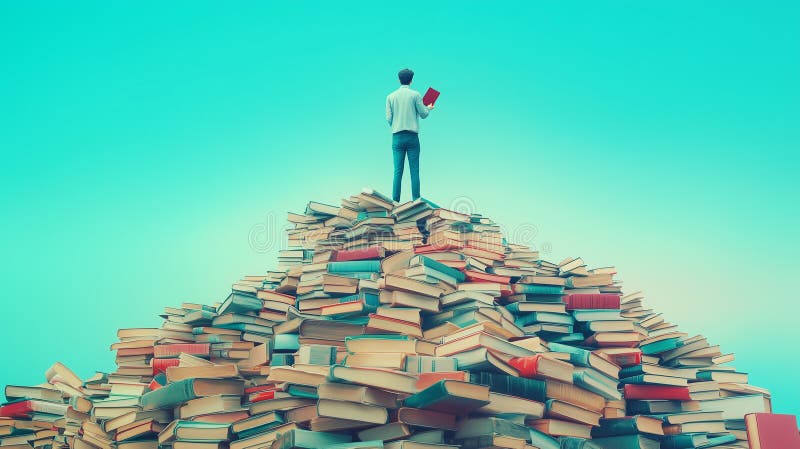 Man is Standing on Pile of Books, Reading and Learning New Skill ...