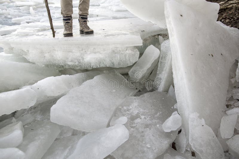 Man Standing on Pile of Ice Stock Photo - Image of boots, climbing ...