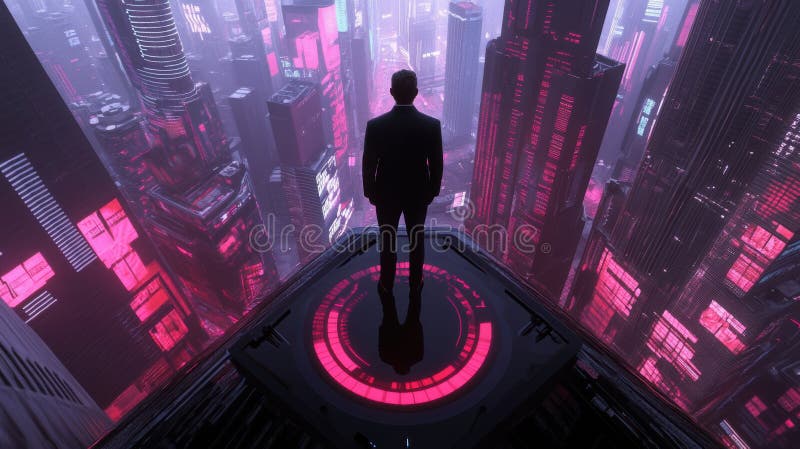 A Man Standing on a Platform in Front of City Lights, AI Stock Photo ...