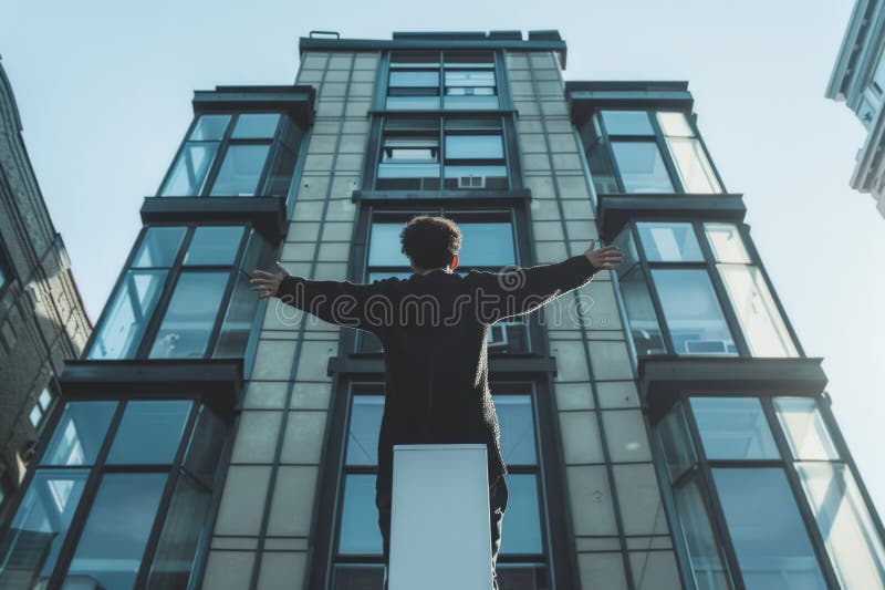 A Man is Standing on a Pole in Front of a Tall Building Stock ...