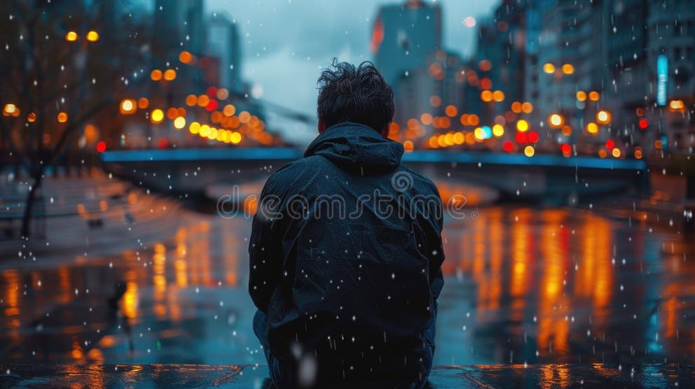 A Man Standing in the Rain in Front of a Bridge Stock Photo - Image of ...