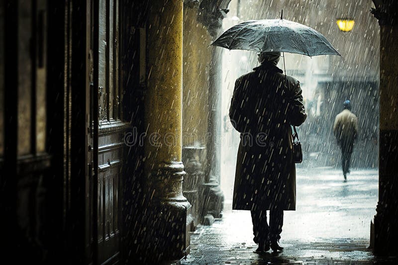 Man Standing in Rain with Umbrella. Generated by AI Stock Illustration ...