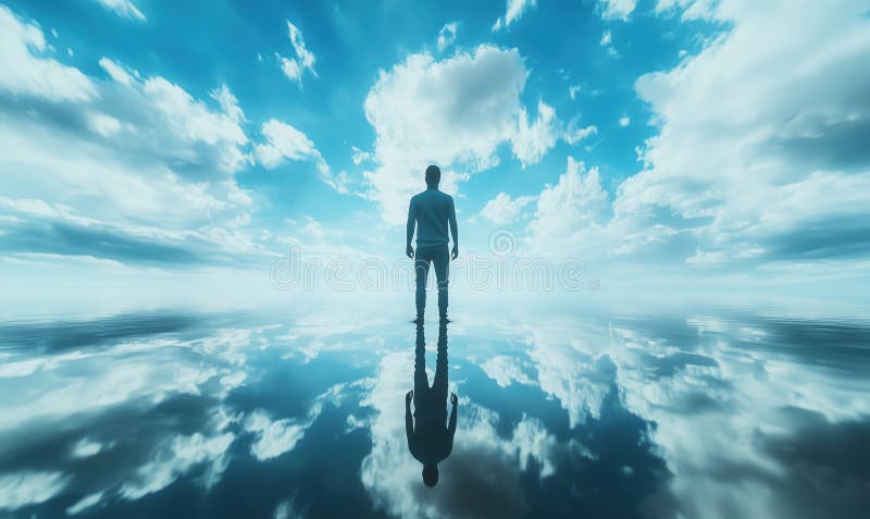 Man Standing on Reflective Water Surface Under Vast Blue Sky with ...
