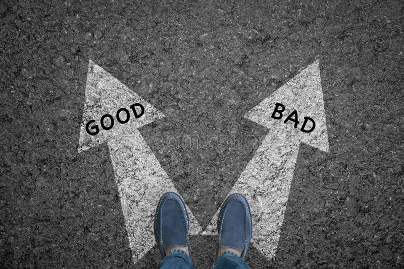 Man Standing on Road with Direction Arrow Choices Good and Bad Stock ...