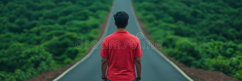 Man Standing at Road Intersection Surrounded by Lush Greenery in ...