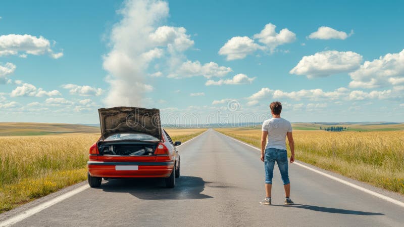 A Man Standing on a Road Looking at the Back of His Car, AI Stock Photo ...