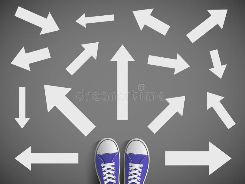 Man Standing on the Road with Many Arrows. Direction of Way Stock ...