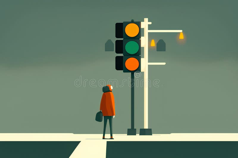 Man Standing on the Road with Traffic Lights. Vector Illustration in ...