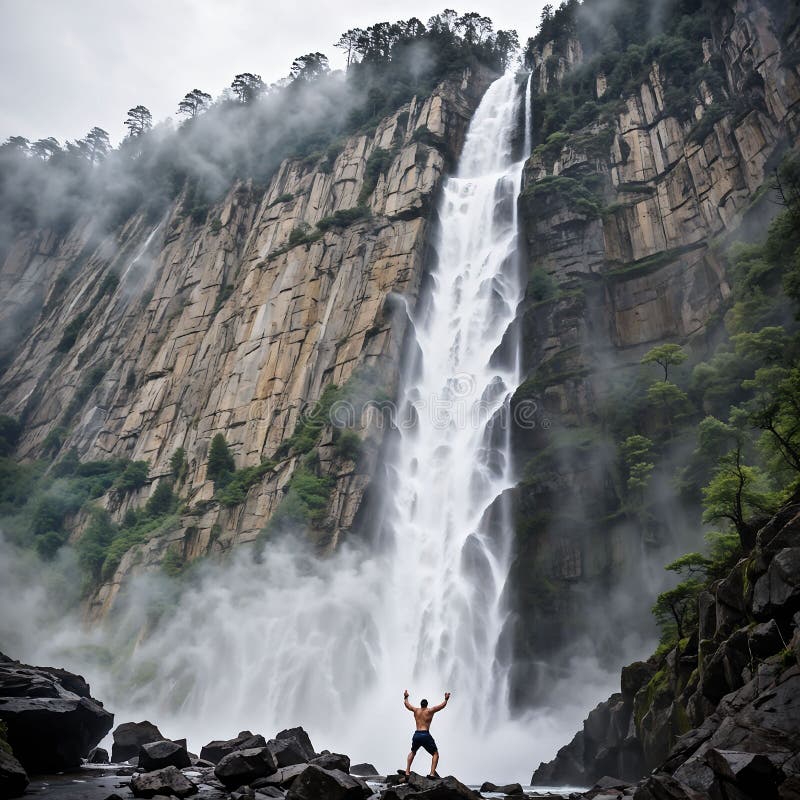 Man Standing on the Rock with Large Waterfall Stock Illustration ...