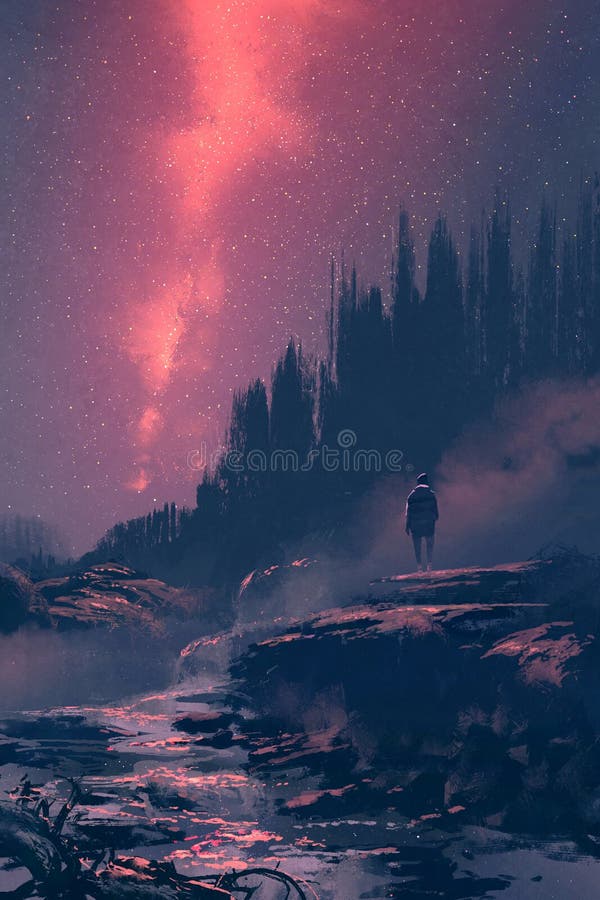 Man Standing on the Rock with Waterfall Looking at the Night Sky Stock ...
