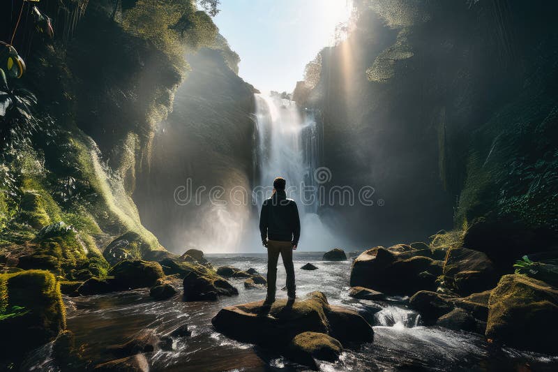 A Man Standing on Rocks and Looking at a Waterfall Stock Image - Image ...