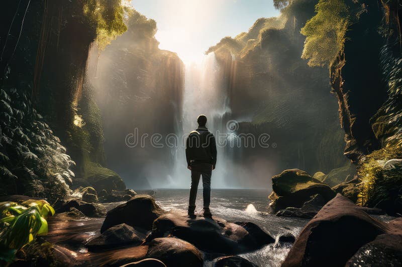 A Man Standing on Rocks and Looking at a Waterfall Stock Photo - Image ...