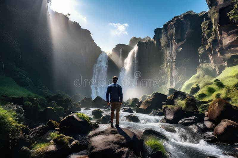 A Man Standing on Rocks and Looking at a Waterfall Stock Photo - Image ... A Man Standing on Rocks and Looking at a Waterfall Stock Photo - Image ...