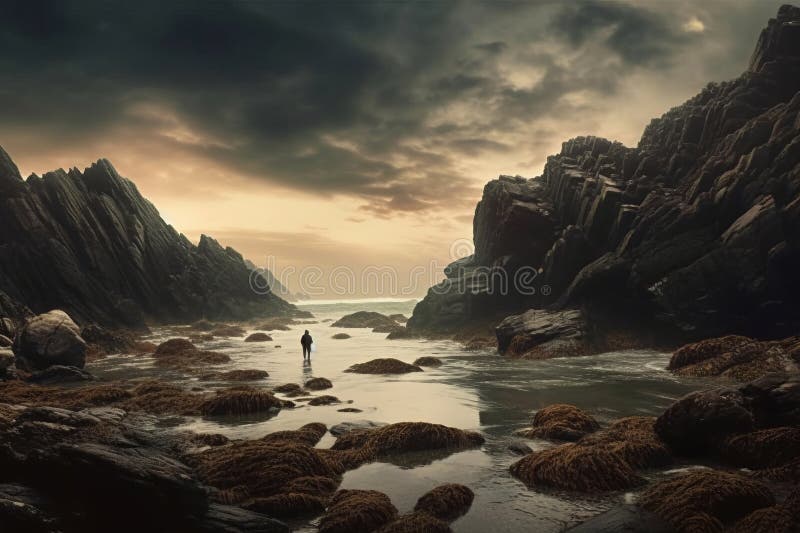 A Man Standing on the Rocks Near the Ocean Stock Illustration ...
