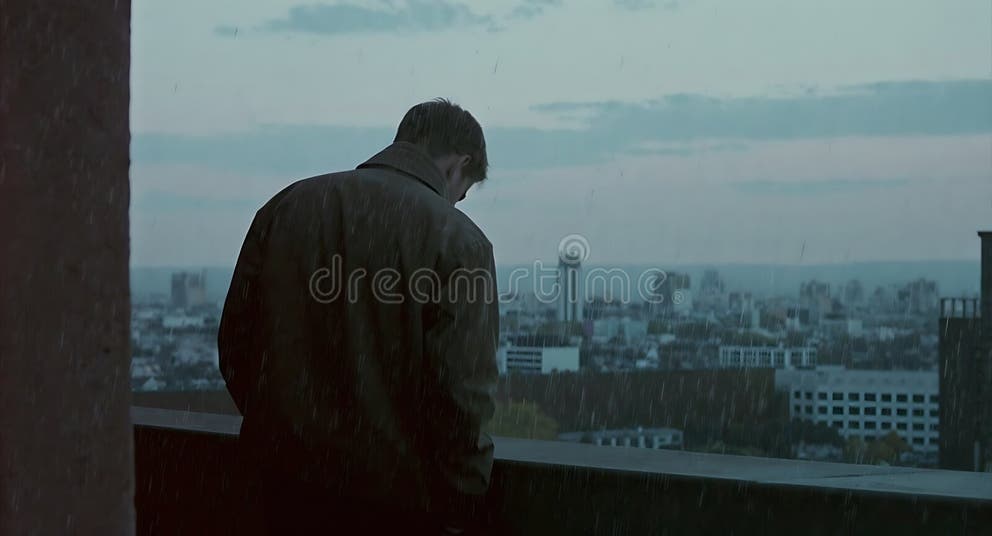 Man Standing on Rooftop in the Rain Looking at Cityscape Stock ...