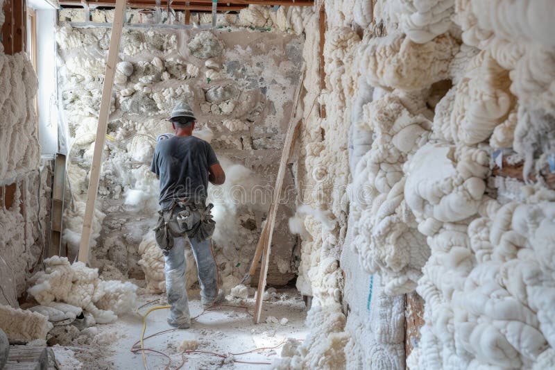 A Man is Standing in a Room Filled with Cellulose Insulation Blown into ...