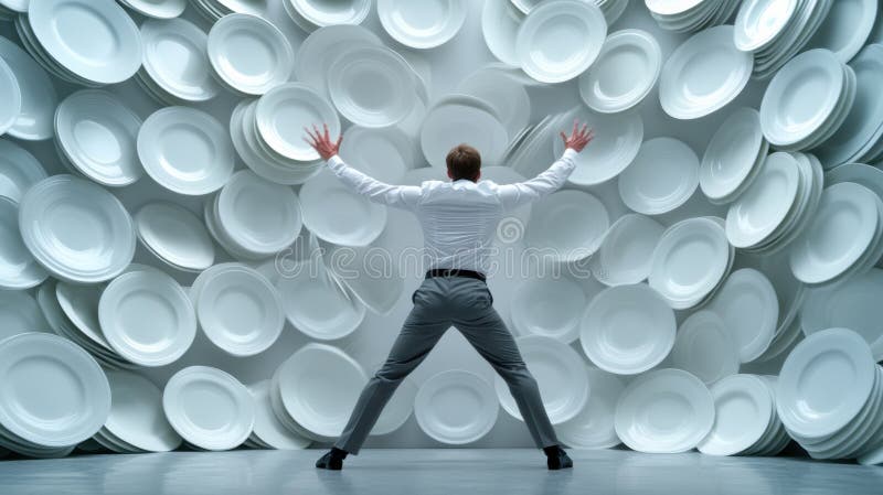 A Man Standing in a Room Full of White Plates and Bowls, AI Stock Image ...