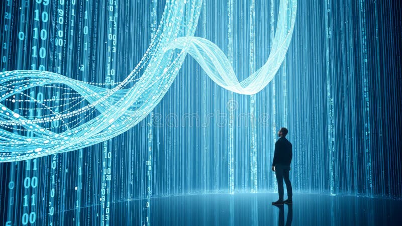 Man Standing in a Room Illuminated with Blue Digital Data Stock ...