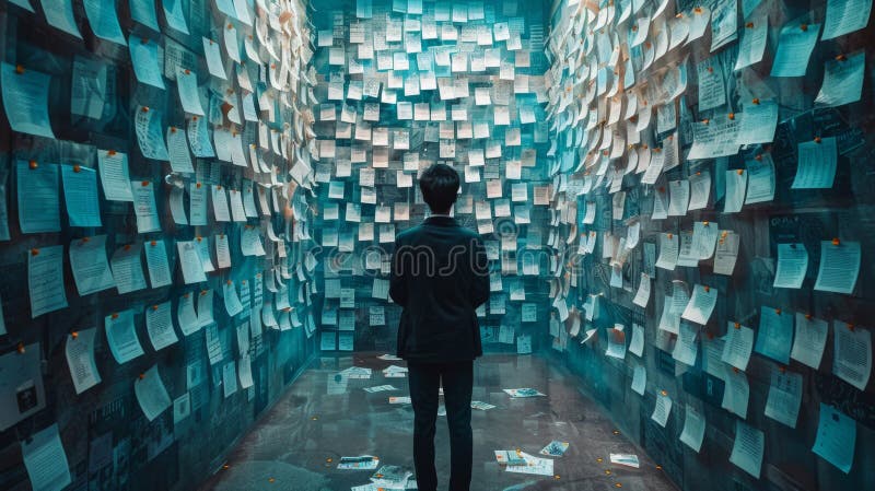 A Man Standing in a Room with Many Notes Stuck To the Wall, AI Stock ...