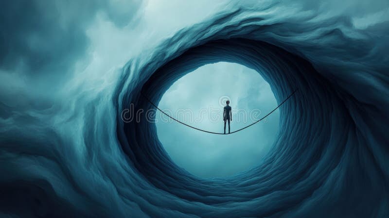 A Man Standing on a Rope in the Middle of an Oceanic Vortex, AI Stock ...